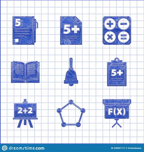 Set Ringing Bell Geometric Figure Pentagonal Prism Chalkboard Test Or Exam Sheet Open Book