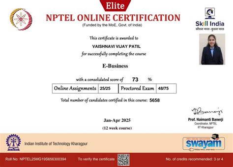 Happy To Share That Ive Completed The Nptel E Business Course Janapr 2025 With An Elite