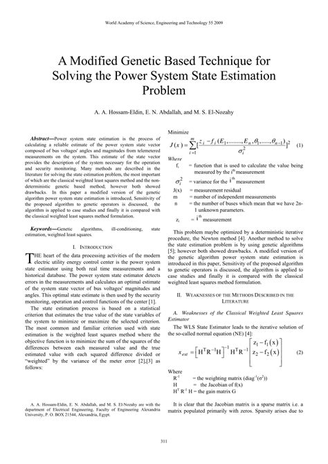 Pdf A Modified Genetic Based Technique For Solving The Power System State Estimation Problem