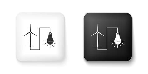 흑백 풍력 발전소 터빈은 흰색 배경에 격리된 전력 에너지와 전구 아이콘을 생성합니다 풍공장을 이용한 천연 재생 에너지 생산 정사각형 버튼입니다 벡터 0명에 대한 스톡 벡터