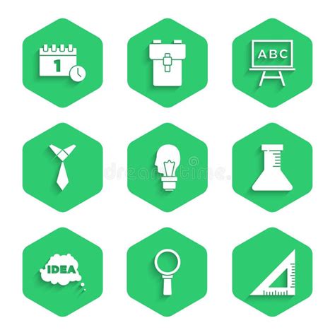 Set Light Bulb With Concept Of Idea Magnifying Glass Triangular Ruler