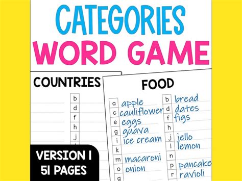 Vocabulary Word Game Of Categories Creative Thinking And Writing