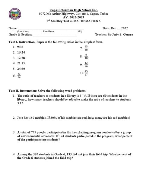 Capas Christian High School Math Test Pdf