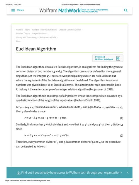 Euclidean Algorithm From Wolfram Mathworld Pdf Algorithms