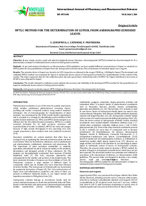 Pdf Hptlc Method For The Determination Of Lupeol From Andrographis Echioides Leaves Original