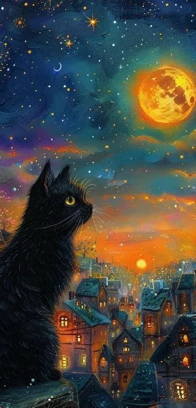 Black Cat Starry Night Wallpaper Free Download