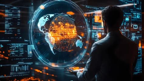 Businessman Analyzing Global Data On Holographic Screen Premium Ai Generated Image
