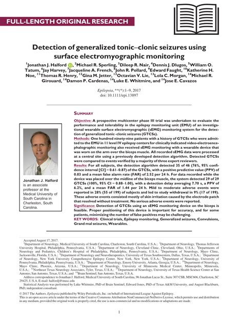 Pdf Detection Of Generalized Tonic Clonic Seizures Using Surface Electromyographic Monitoring