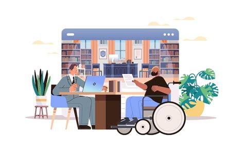 휠체어를 탄 장애인 남성은 장애인 개념을 가진 변호사나 판사 컨설턴트 법률 서비스 사람들과 논의합니다 프리미엄 벡터