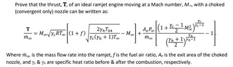 Solved Prove That The Thrust T Of An Ideal Ramjet Engine