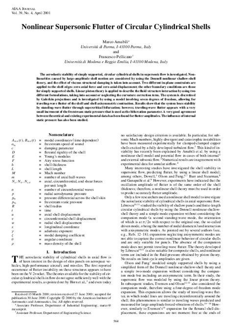 Pdf Nonlinear Supersonic Flutter Of Circular Cylindrical Shells Aiaa 2001