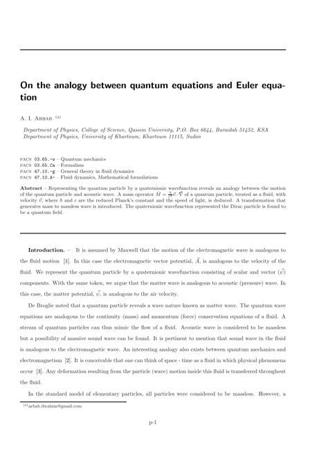 PDF On The Analogy Between Quantum Equations And Euler Equa Tion