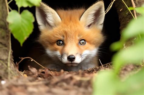 Premium Ai Image A Fox Cub Peeks Out Of A Hole In The Woods