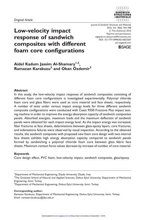 Pdf Low Velocity Impact Response Of Sandwich Composites With Different Foam Core Configurations
