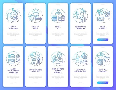 Self Development Tips Navy Onboarding Mobile App Page Screen With Concepts Set Vector