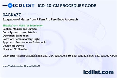 Icd 10 Pcs Procedure Code 04ck4zz Extirpation Of Matter From Right Femoral Artery