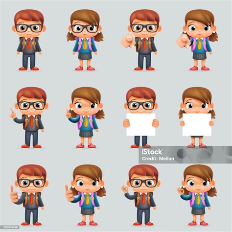 여 학생 남학생 교육 우수한 학생 천재 학교 배낭 영리한 학생 소녀 스마트 유니폼 정장 3d 만화 문자 벡터 일러스트 레이 션