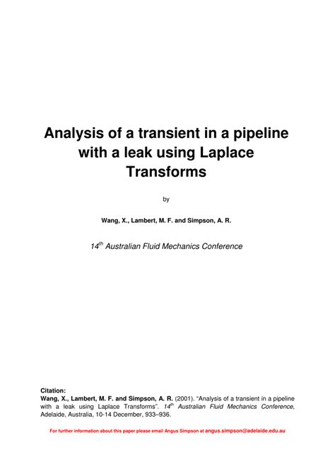 Pdf Analysis Of A Transient In A Pipeline With A Leak Using Laplace Transforms