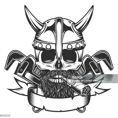 가스 및 빌더 배관 파이프 또는 차체 공장 정비사 스패너 수리 도구 빈티지 벡터 일러스트레이션을 위한 건설 렌치가 있는 콧수염과 수염이 있는 뿔 달린 헬멧을 쓴 바이킹