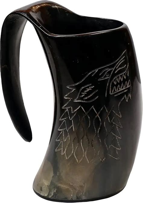 Viking Drinking Horn Mug With Wolf Carving Suitable For