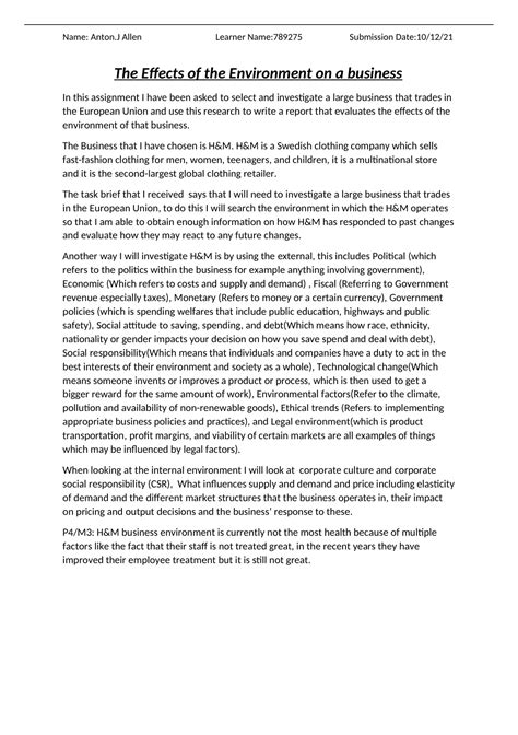 Btec Business Level 3 Unit 1 Exploring Businesses Assignment 2 Distinction Unit 1