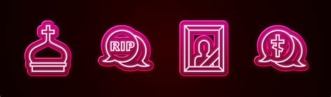 세트 라인 교회 탑 연설 거품 찢어짐 죽음 애도 사진 프레임 및 십자가가있는 무덤 빛나는 네온 아이콘입니다 벡터 0명에 대한 스톡 벡터 아트 및 기타 이미지 Istock