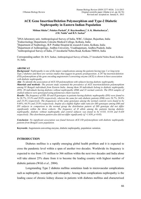 Pdf Ace Gene Insertiondeletion Polymorphism And Type 2 Diabetic Nephropathy In Eastern Indian