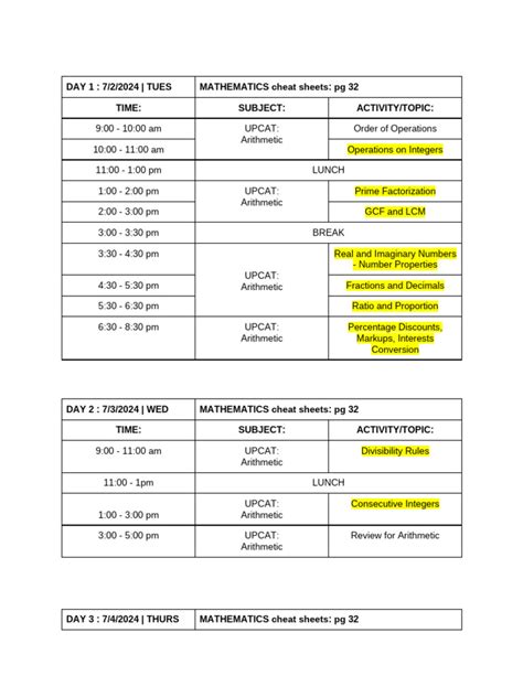 Schedule Pdf Algebra Function Mathematics