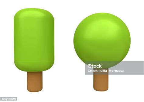 흰색 배경에 고립 된 만화 녹색 나무 다채로운 현대 미니멀 콘셉트 렌더링 양식에 일치시키는 재미있는 아이들은 점토 플라스틱 또는 부드러운 장난감 사실적인 패션 3d