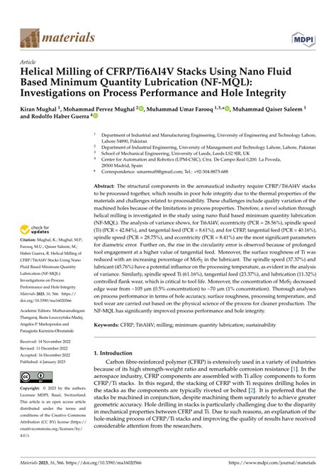 Pdf Helical Milling Of Cfrp Ti6al4v Stacks Using Nano Fluid Based Minimum Quantity Lubrication