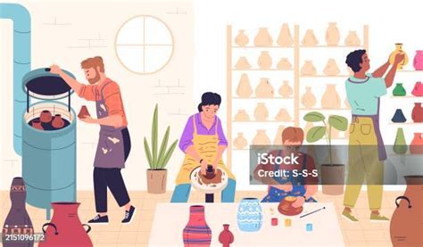 도자기 공방 수제 점토 컵 도자기 수공예 수업 아트 스튜디오에서 토기 장식 기념품을 만드는 장인 마스터 교육 교사 고급 벡터 일러스트 레이 션 공예에 대한 스톡 벡터 아트