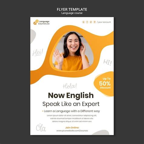 English Language Classes Vertical Flyer Template With Liquid Effect Free Psd Language Class