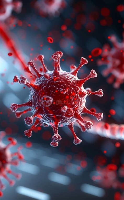 Close Up Of Red Virus Cells With Spikes Floating In Dark Environment Stock Illustration