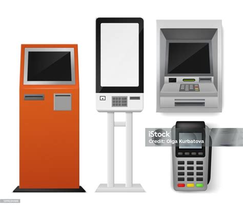 지불 터미널 현실적인 세트 셀프 주문 키오스크와 Atm Pos 지불 기계 직불 신용 카드 대화 형 금융 3d 뱅킹 전자 기기 빈