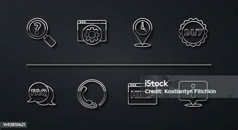 줄 알 수 없는 검색 Faq가 있는 말풍선 시계 24시간 브라우저 도움말 전화 지원 설정 정보 및 위치 시계 아이콘을 설정합니다 벡터 24에 대한 스톡 벡터 아트 및 기타