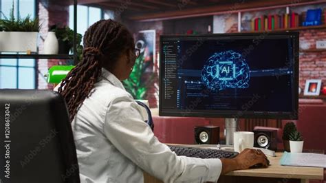 Programmer Using Computer At Home For Artificial Intelligence Computing Simulating Human Brain