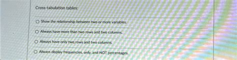 Solved Cross Tabulation Tables Show The Relationship Between Two Or More Variables Always