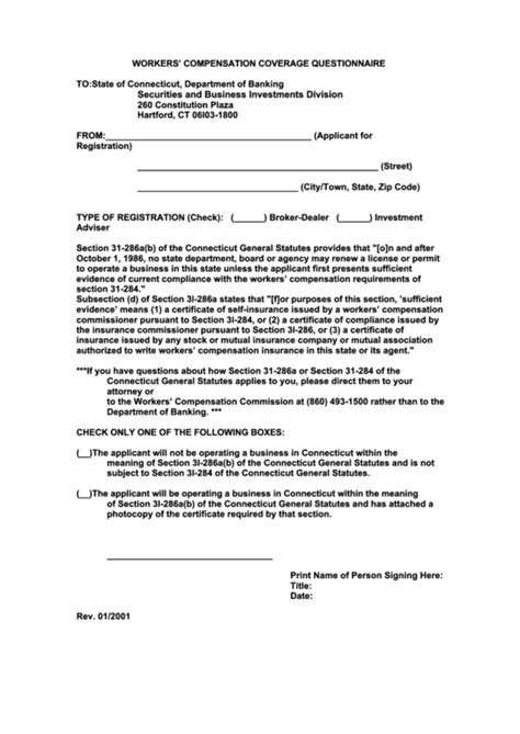 Fillable Workers Compensation Coverage Questionnaire Form 2001 Printable Pdf Download
