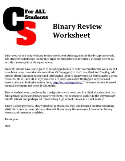 Binary Decoding And Encoding Worksheet By Computer Science For All Students