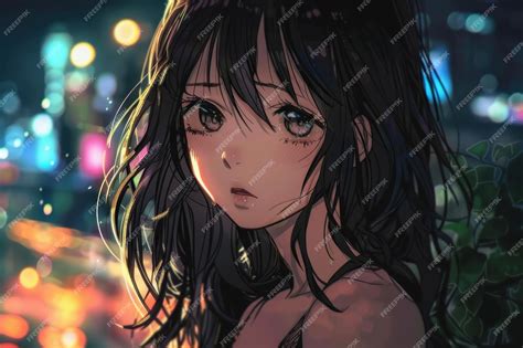 Anime Style Character In The City Lights Cartoon Cute Japanese Girl