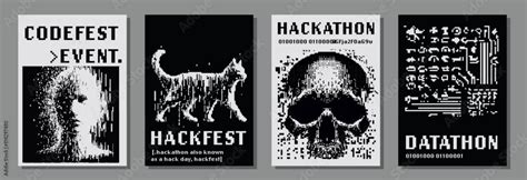 Set Of Retrofuturistic Posters For Hackathon Also Known As A Hack Day