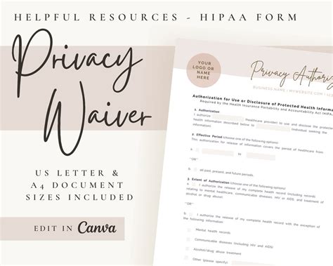 Hipaa Privacy Waiver Form Release Form Editable Canva Template