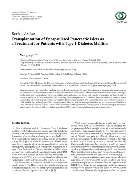 Pdf Transplantation Of Encapsulated Pancreatic Islets As A Treatment