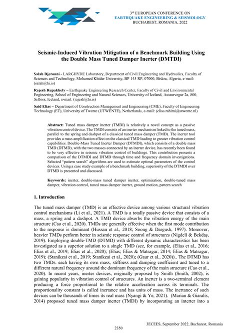 Pdf Seismic Induced Vibration Mitigation Of A Benchmark Building Using The Double Mass Tuned