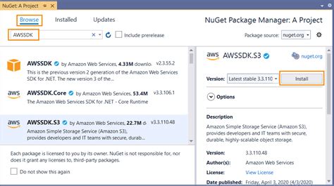 NuGet을 사용하여 AWSSDK 패키지를 설치 AWS SDK for NET V