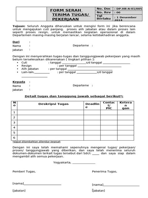 Form Serah Terima Tugas Pekerjaan Pdf