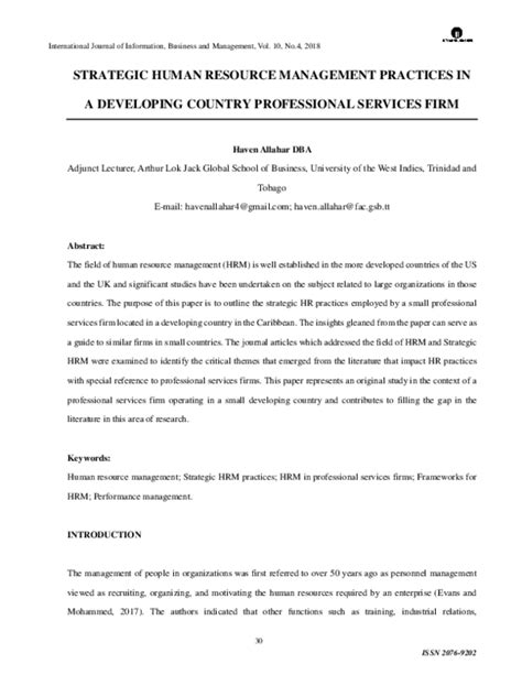 Pdf Strategic Human Resource Management Practices In A Developing Country Professional