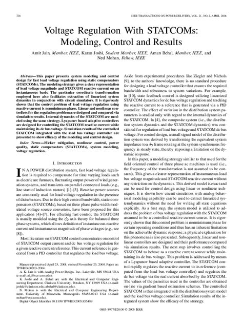 Pdf Voltage Regulation With Statcoms Modeling Control And Results