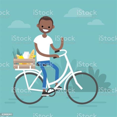 젊은 문자 자전거 음식 제공 평면 편집 가능한 벡터 일러스트 레이 션 클립 아트 두발자전거에 대한 스톡 벡터 아트 및 기타