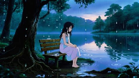 Anime Girl Alone Girl Sitting On Desk Beautiful Anime Girl With Lake
